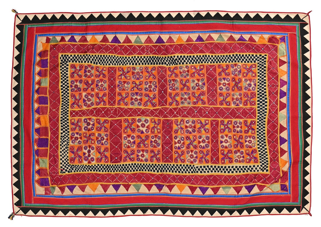 Gujarati Vintage Textile Kutch Embroidered Tapestry Wall Art Table ...