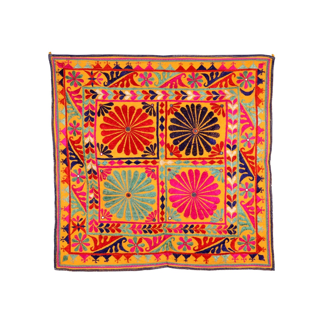 Vintage Floral Motifs Gujarati Hand Embroidered Textile Traditional ...