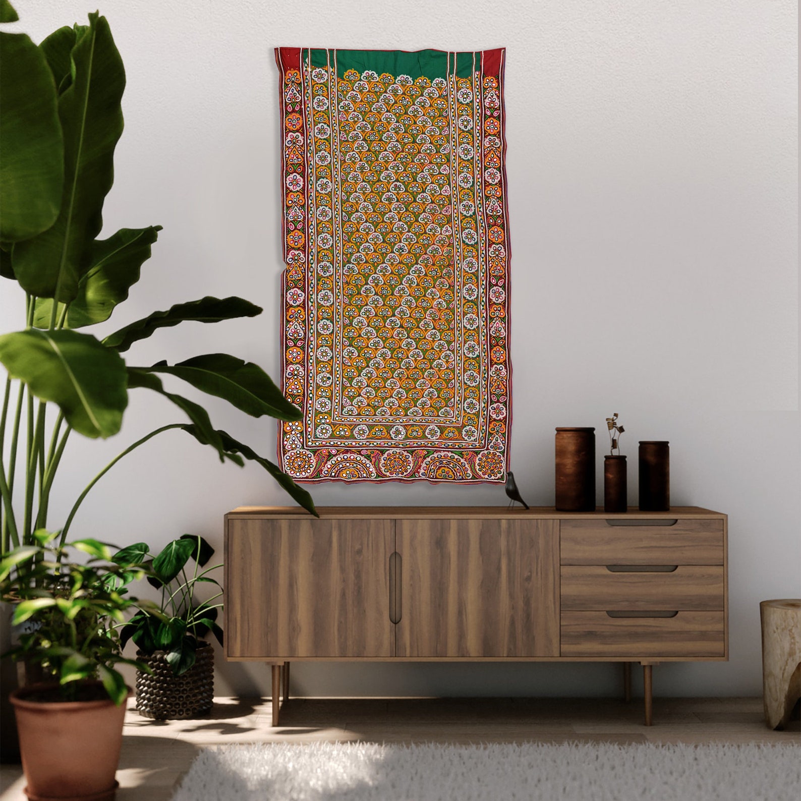 Vintage Gujarati Wall Hanging, Large Boho Floral Hand Embroidery ...