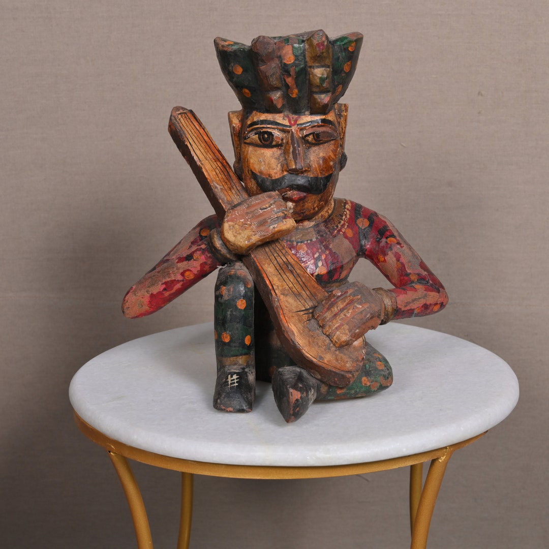 Buy Vintage Indian Wooden Guitar Musician Men Figurines, Rajasthani ...