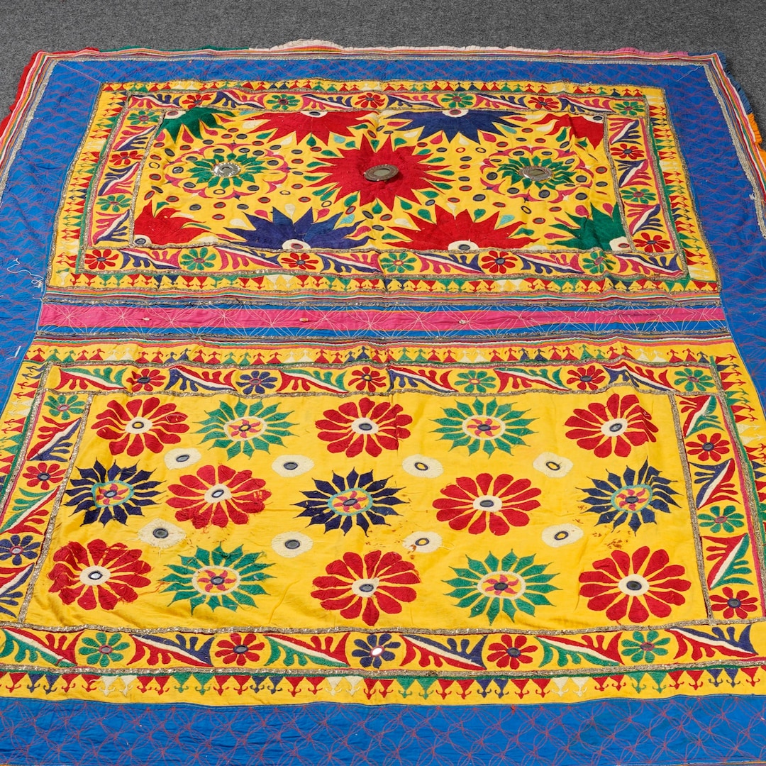 Vintage Hand Embroidered Indian Fabric Gujarati Textile Cotton Mirror ...