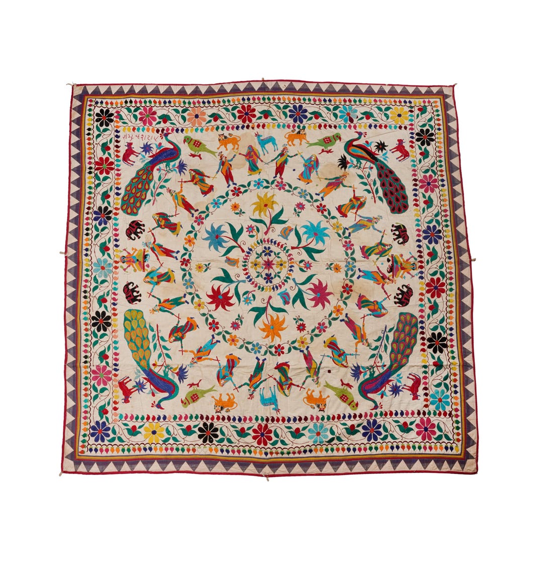 Vintage Gujarati Hand Embroidered Tapestry Floral Motif Handmade Cotton ...