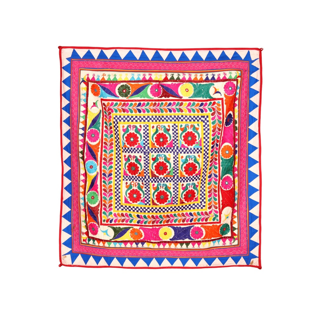 Vintage Floral Motifs Gujarati Hand Embroidered Textile Traditional ...