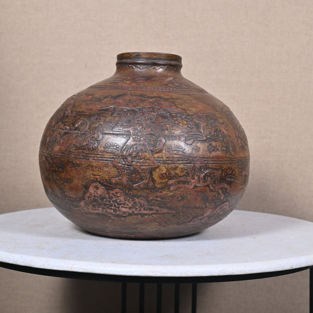 Old Hand Carved Rustic Water Pot Matka Wooden Round Matka Pot Himachal ...