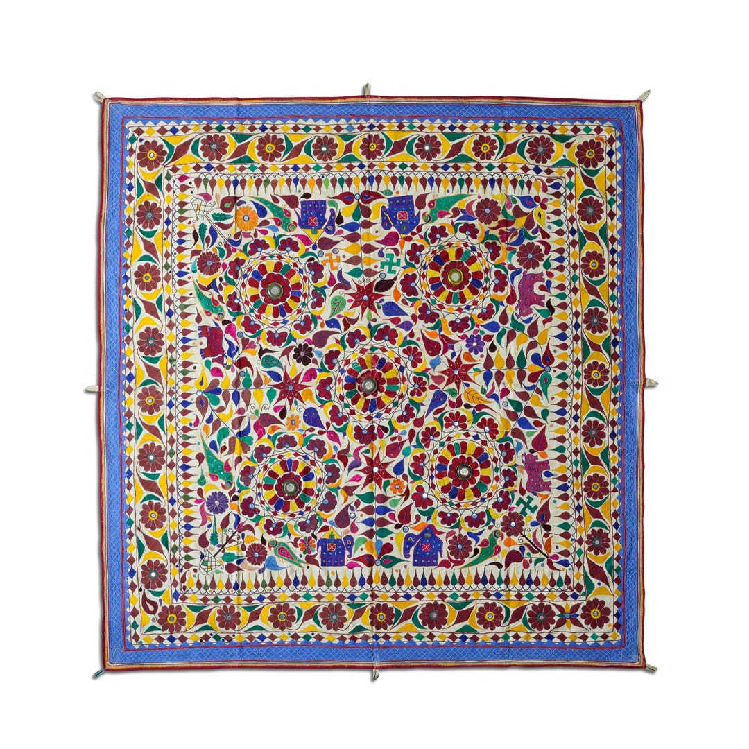 Vintage Hand Embroidered Gujarati Tapestry Cotton Mirror Work Multi ...