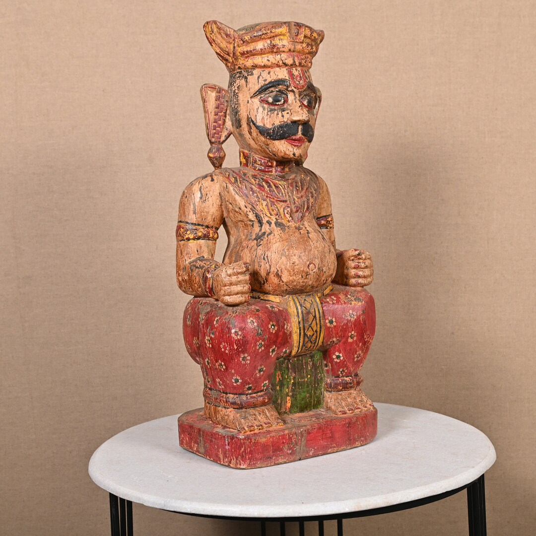 Vintage Indian Wooden Hand Carved Painted Man Statue Rajasthani Man ...