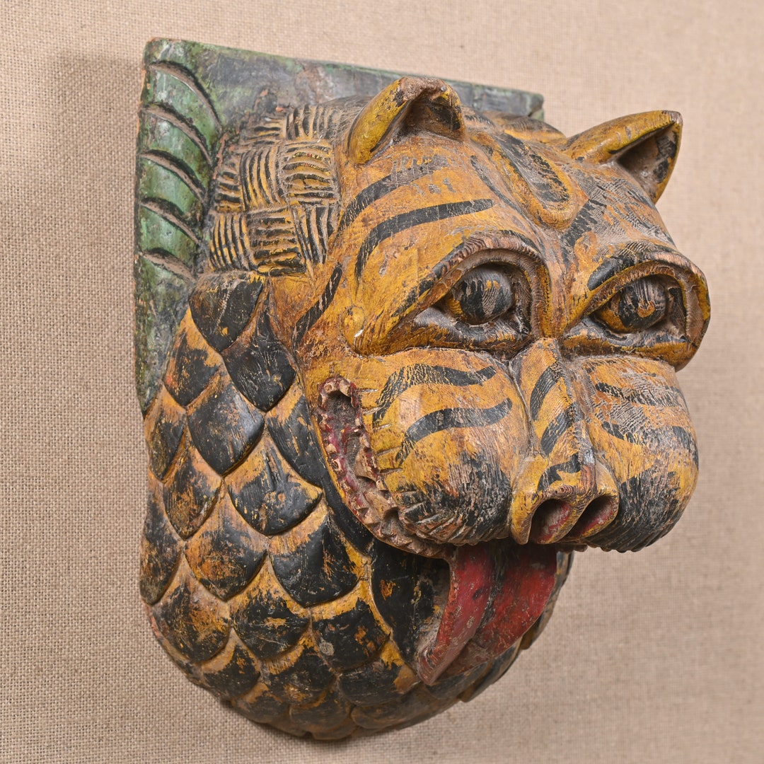 Hand Painted Tiger Mask Vintage Wooden Hand Carved Wall Mask Wild ...