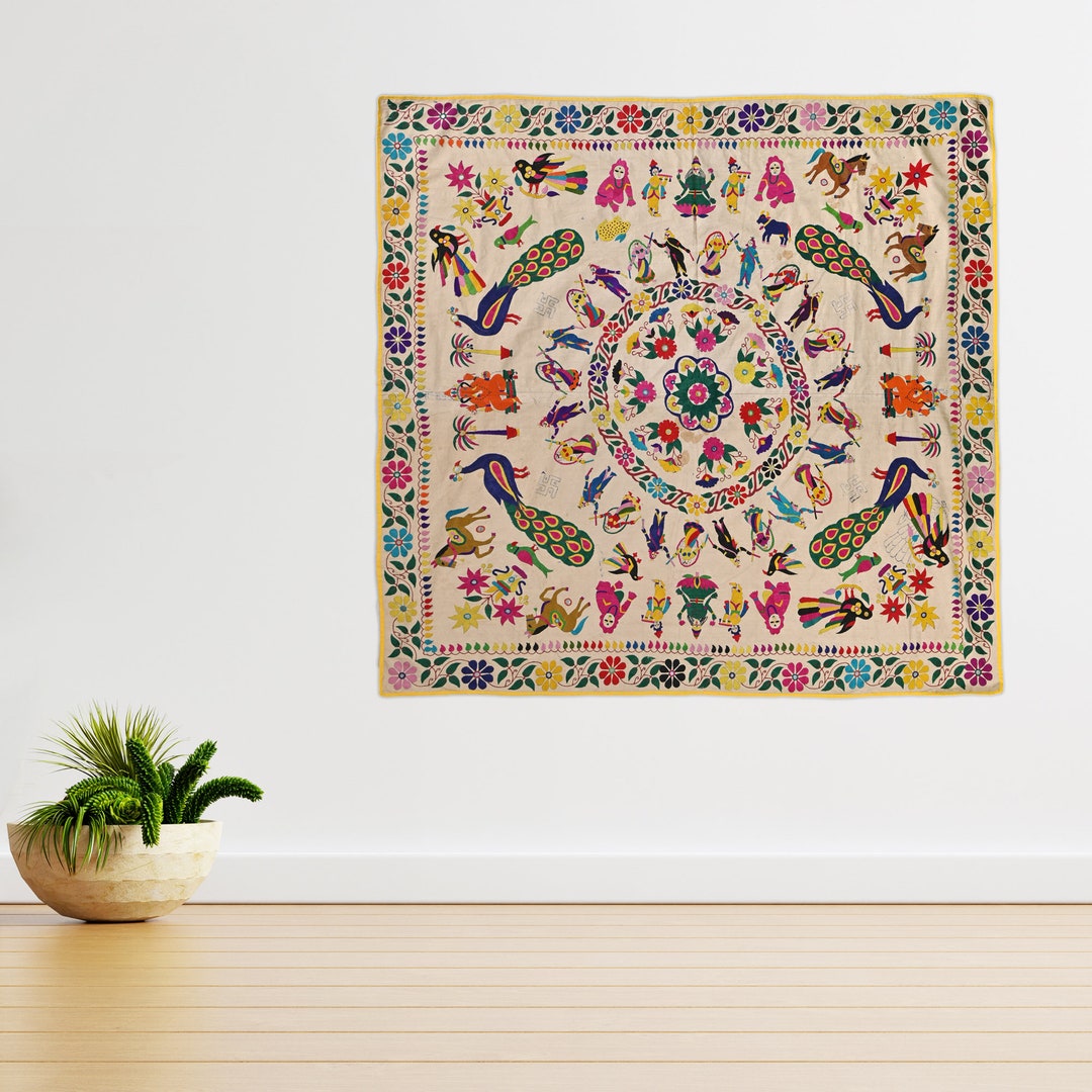 Textile Indian Traditional Embroidery Tapestry Hanging Vintage Gujarati ...