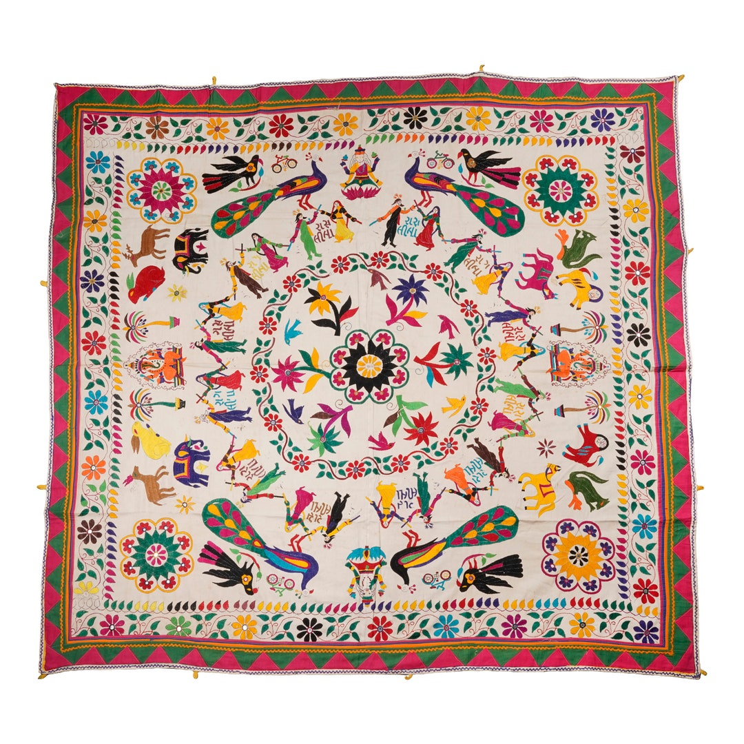 Peacock and Floral Motifs Hand Embroidered Gujarati Wall Hanging ...