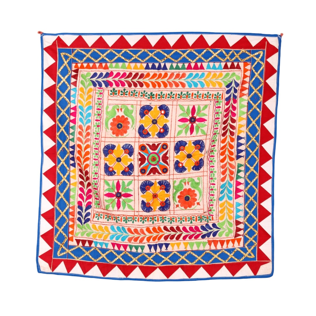 Vintage Floral Motifs Gujarati Hand Embroidered Textile Traditional ...