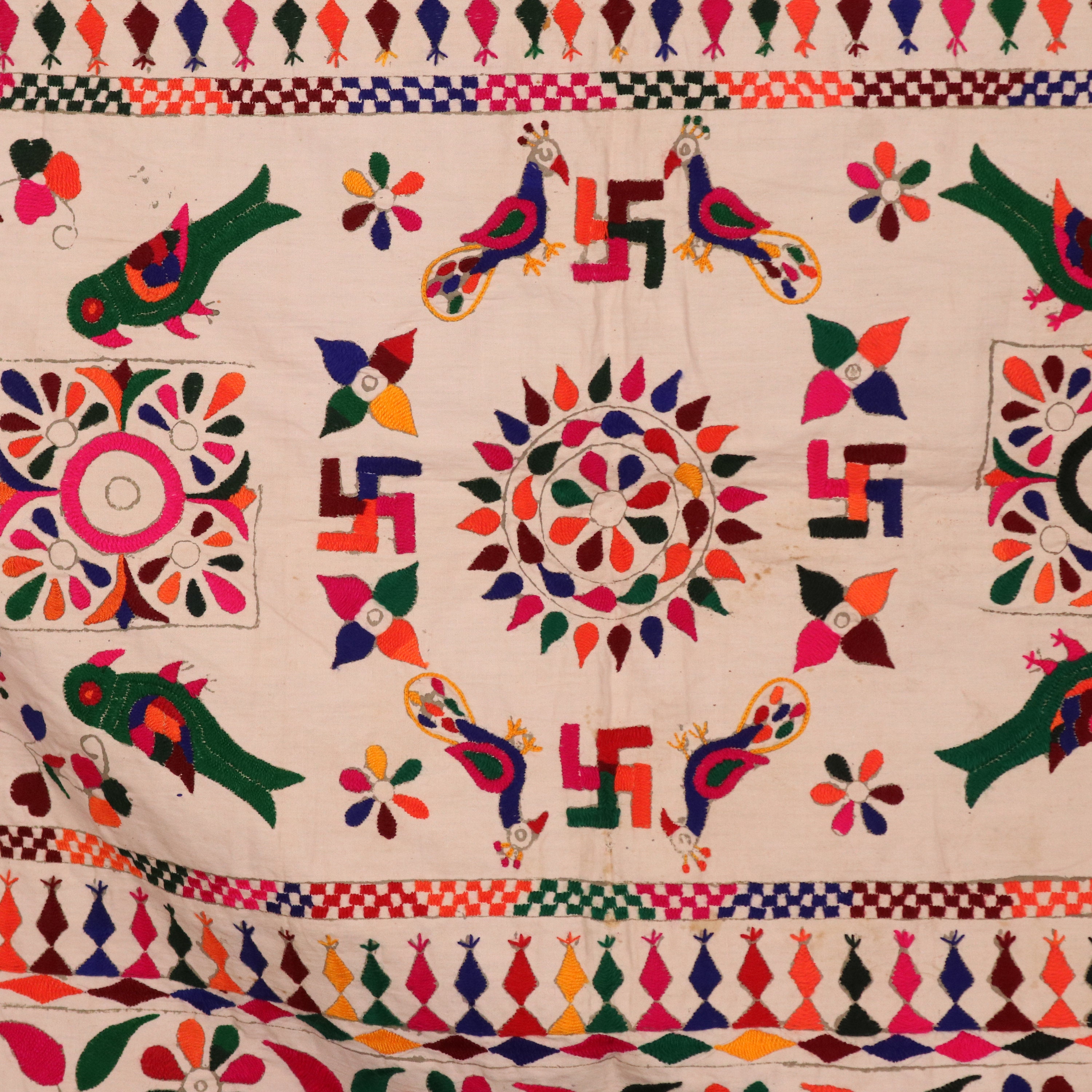 Vintage Bird Motifs Gujarati Hand Embroidered Textile Traditional ...