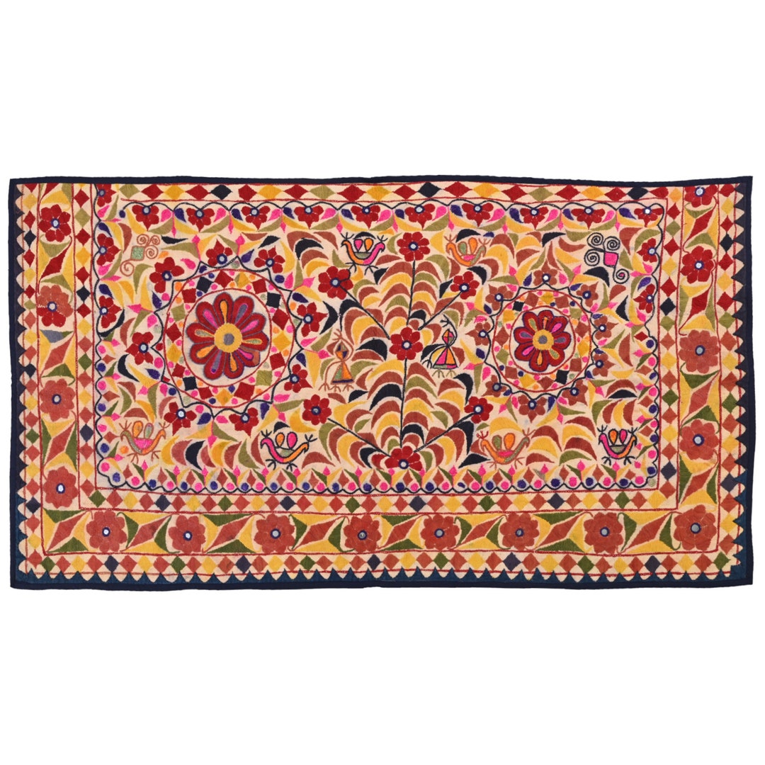 Indian Wall Hanging Embroidery Floral Mirror Silk Thread Work Art ...