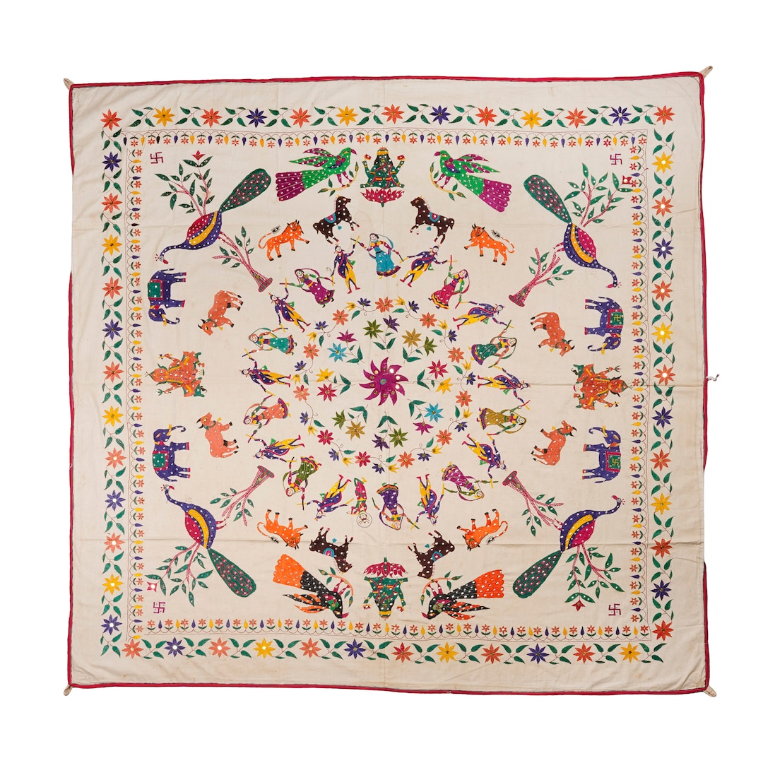 Peacock and Floral Motifs Hand Embroidered Gujarati Wall Hanging ...