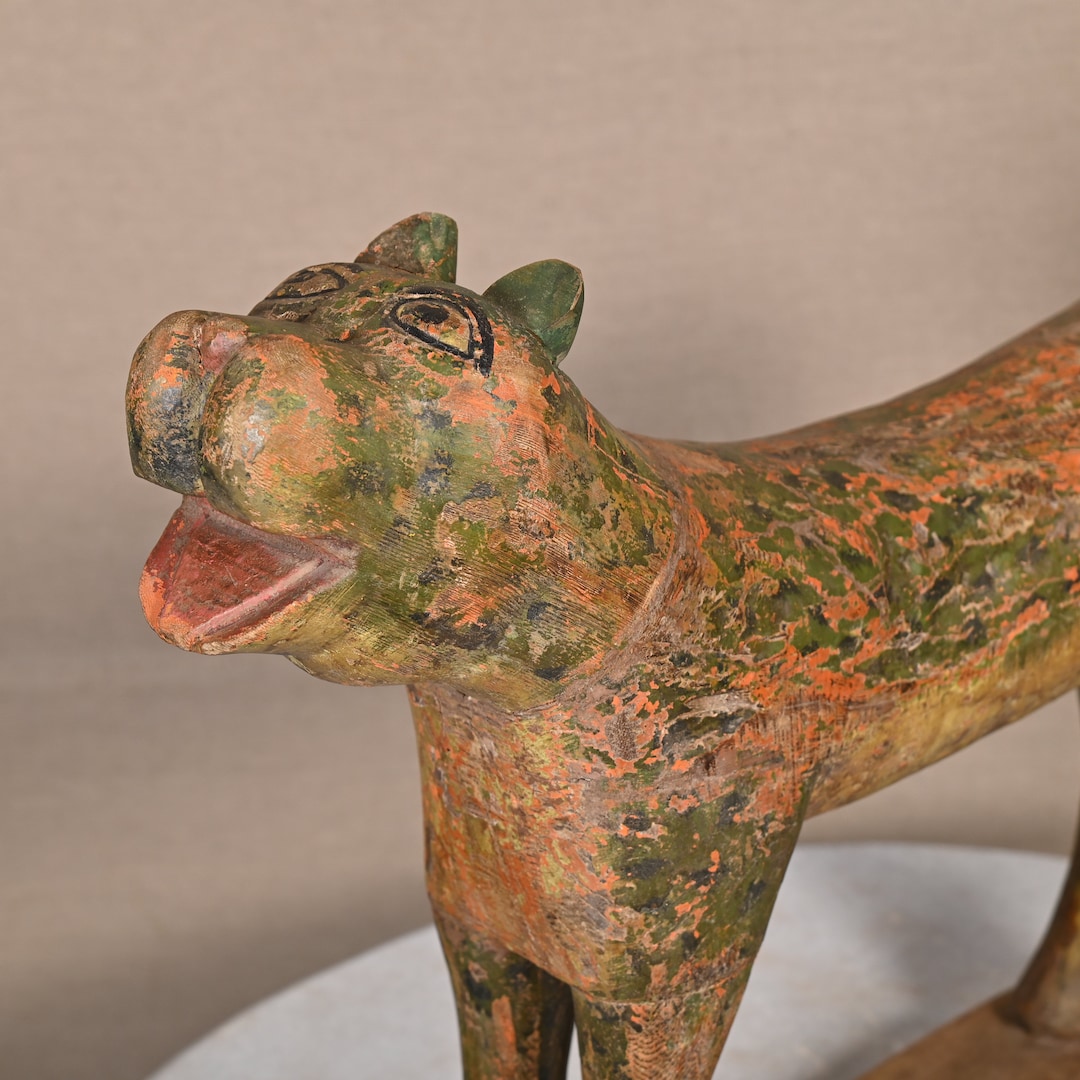 Vintage Indian Wooden Tiger Statue Hand Carved Wild Animals Wood ...