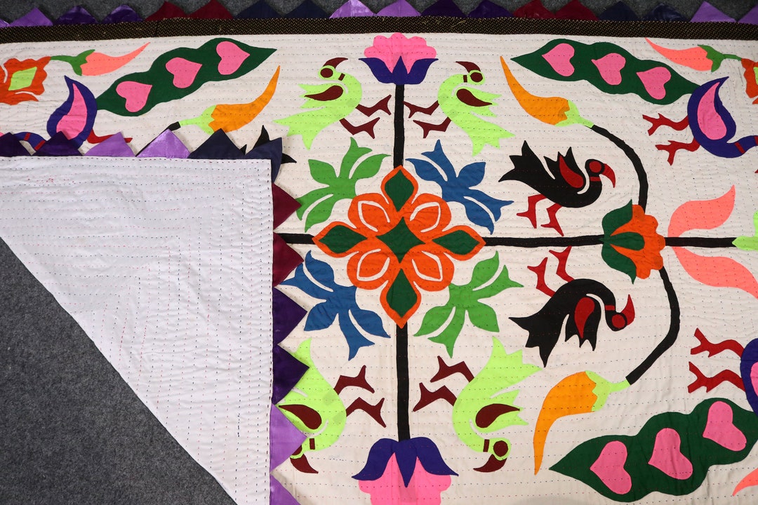 Indian Patchwork Bird and Floral Design Multicolor Tapestry, Applique ...