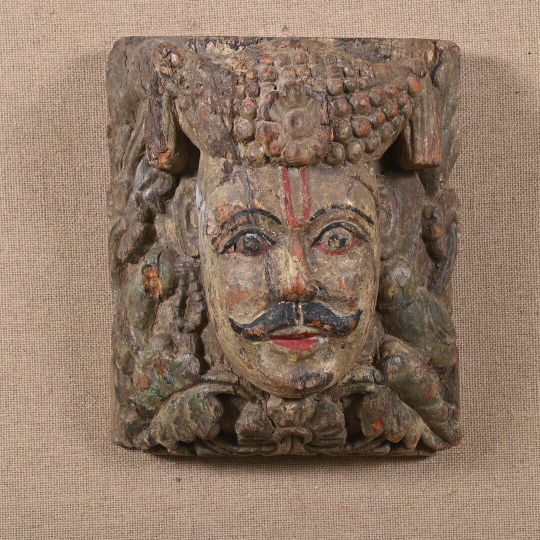 Vintage Wooden Hand Carved King Face Mask Distressed Painted ...