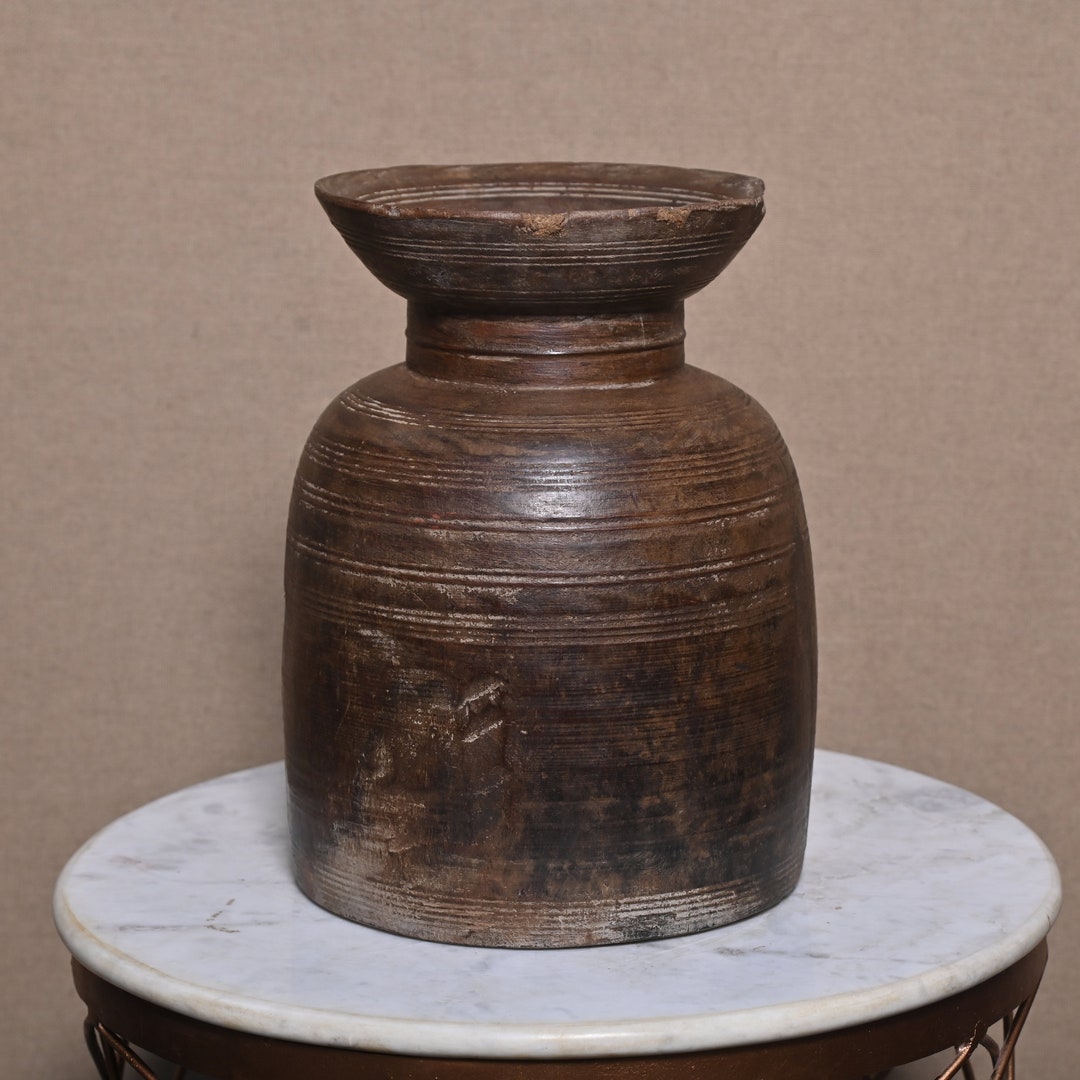 Wood Surahi Figurines Vintage Wooden Himachal Matka Pot Wood Old Hand ...