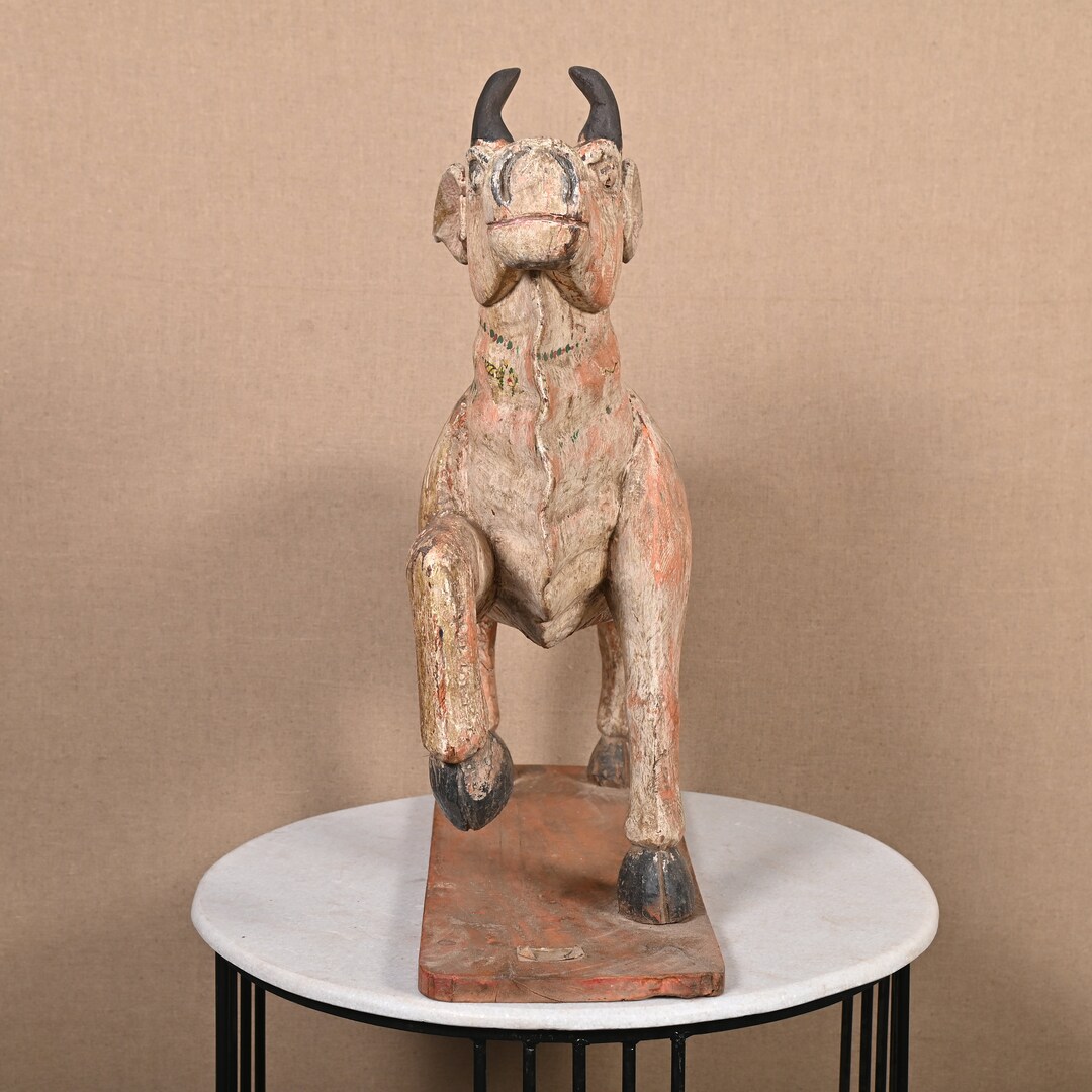 Vintage Old Wooden Cow Statue, Wood Cow Figure, Hand Painted Sculpture ...