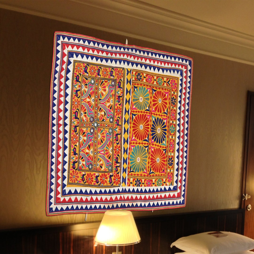 Tapestry Indian Hand Embroidered Gujarati Wall Hanging, Floral Theme ...
