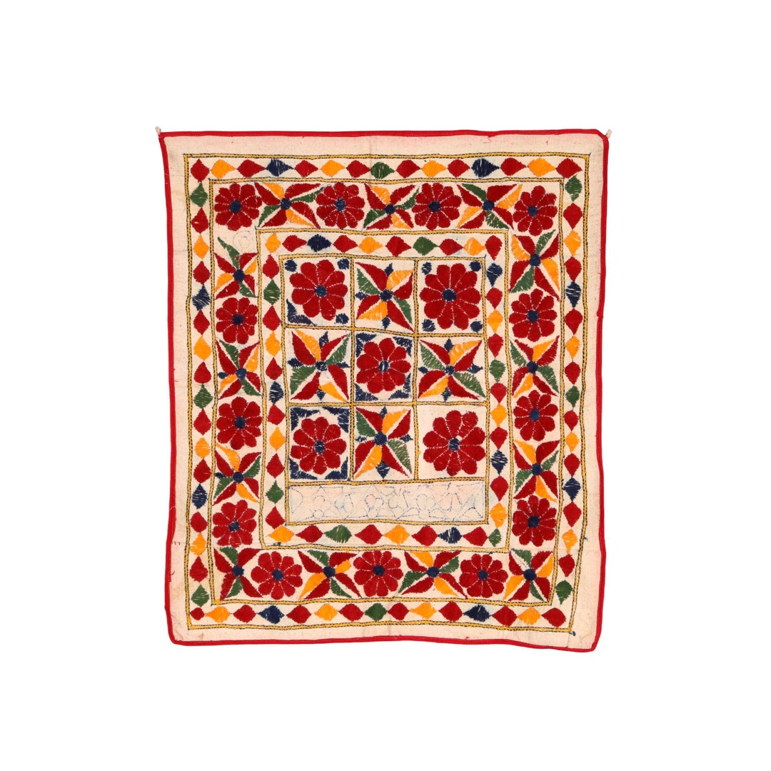 Vintage Floral Motifs Gujarati Hand Embroidered Textile Traditional ...