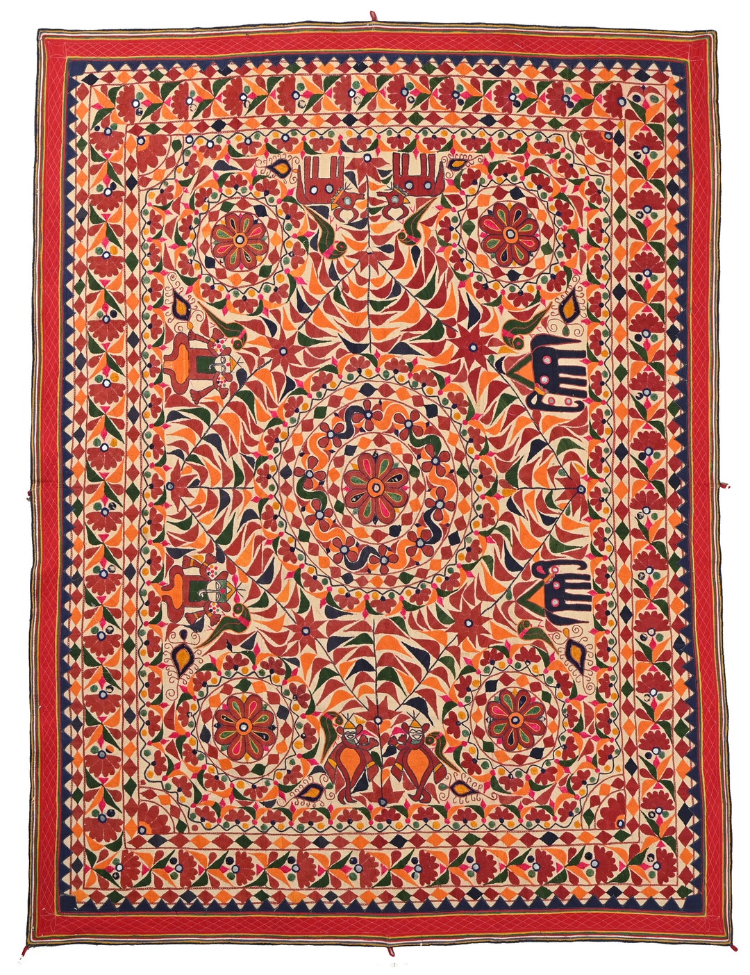 Indian Embroidered Mirror Work Wall Hanging, Antique Gujarati Textile ...