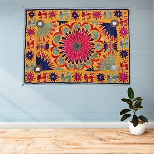 Vintage Indian Gujrati Handmade Tapestry Textile, Mirror Silk Thread Work Embroidery Wall ...