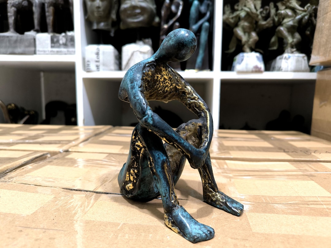 Abstract Bronze Statue, Seated Melancholy Statue, Modernist Abstract ...