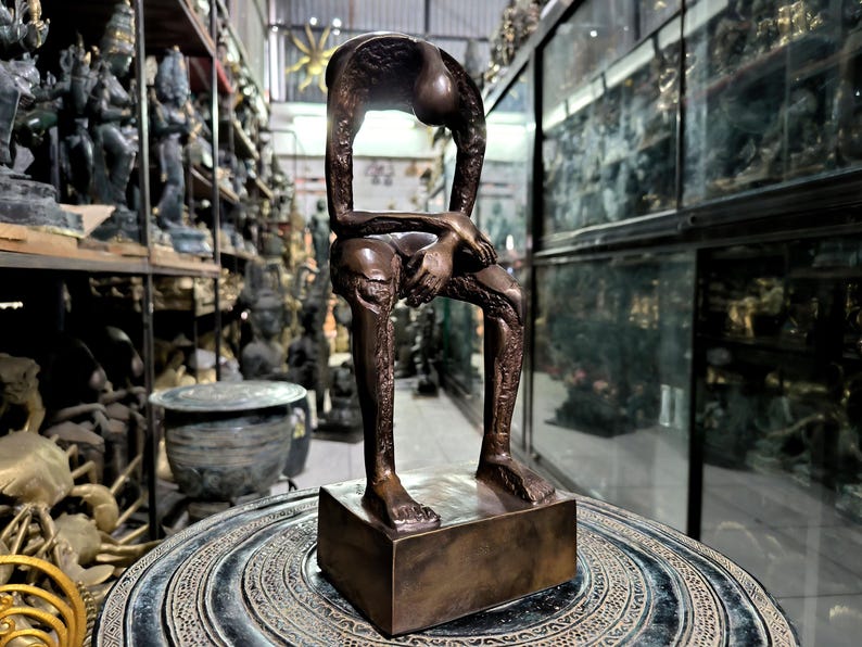 Abstract Bronze Statue, Seated Melancholy Sculpture, Elegant Seated ...