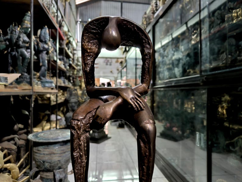 Abstract Bronze Statue, Seated Melancholy Sculpture, Elegant Seated ...