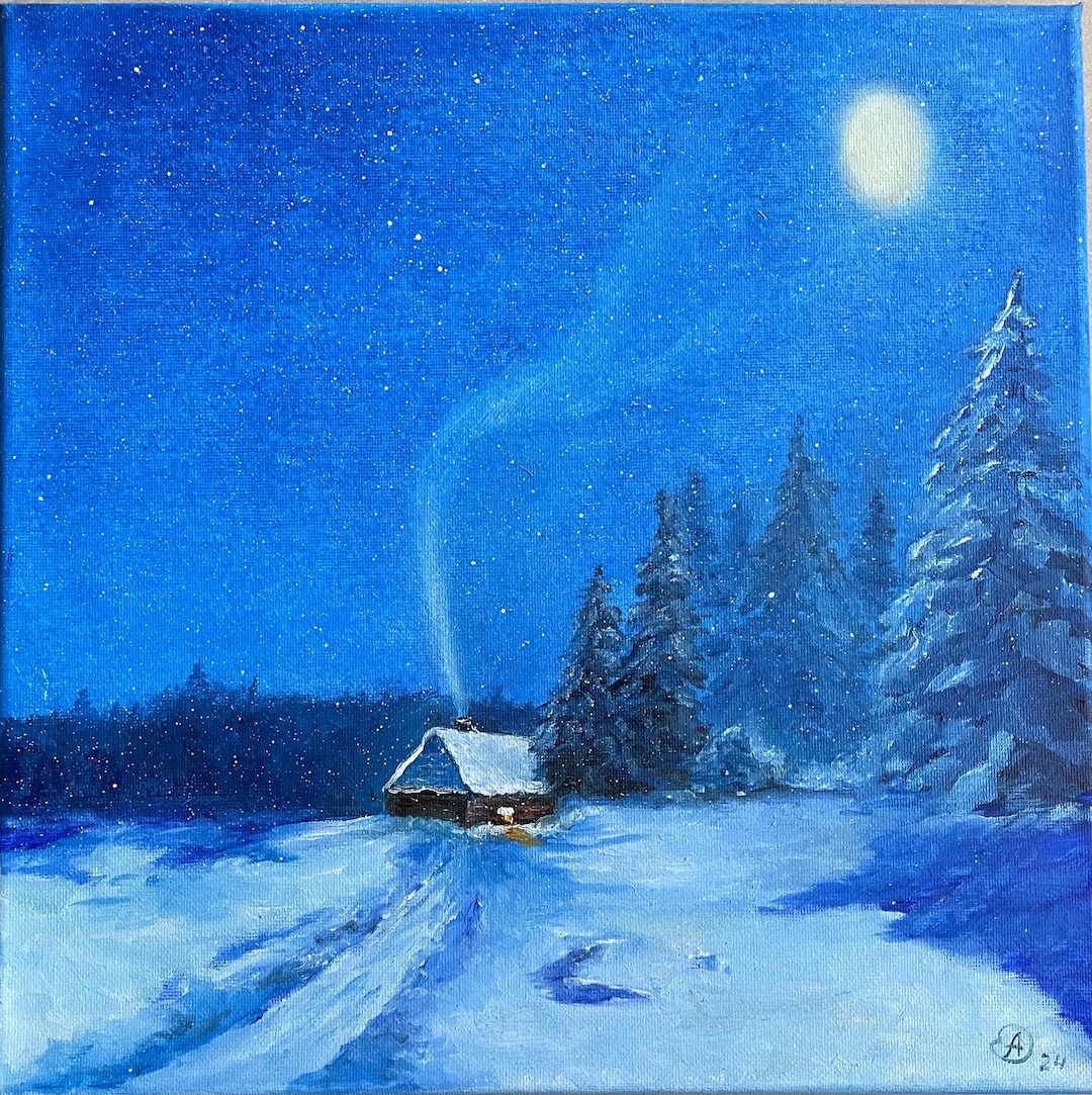 Winter Night Landscape Moon Night Original Painting in Oil 12x12 ...