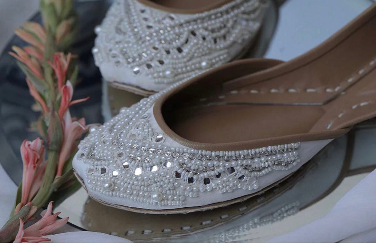 White Silk & Pearls Embroidered Ballet Flat Shoes, Handmade Khussa ...