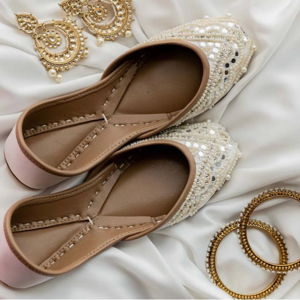 White Silk & Pearls Embroidered Ballet Flat Shoes, Handmade Khussa ...