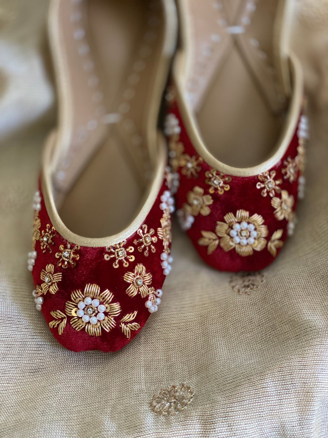 Red Velvet Embroidered Ballet Flats for Women, Shoes for Bride, Khussa ...
