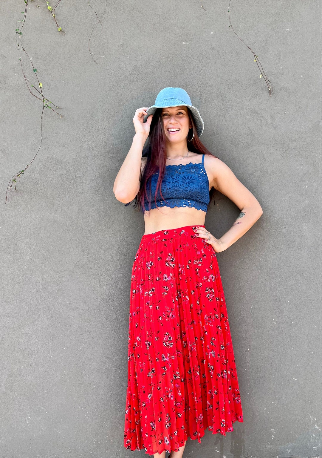 CAROLL Paris Floral Pleated Midi Skirt/ Red Midi Skirt/vintage Red ...