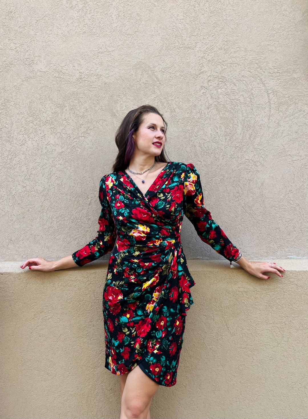 80s Vintage Silk Floral Wrap Dress: Padded Shoulder Cocktail Dress - Etsy