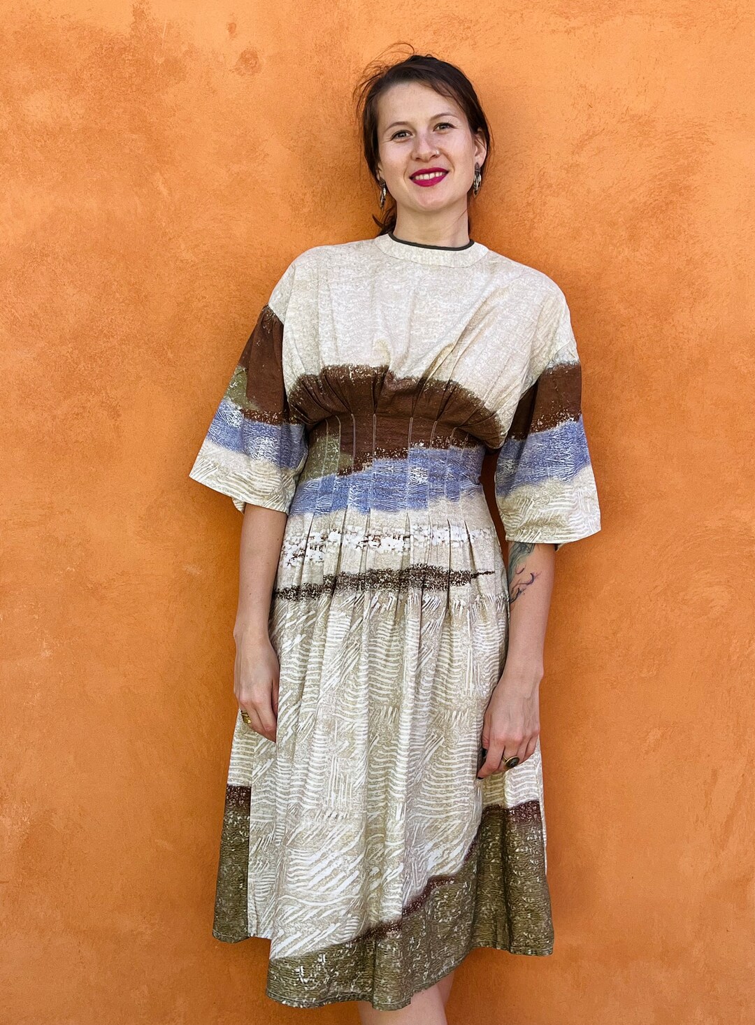 Darted Preloved Sand Dress/made in India Cotton Midi Darted Dress/ Sand ...