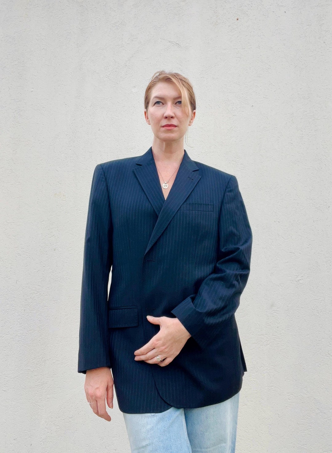 Minimalist Navy Blue Striped Blazer/big Twins London Wool Suit Blazer ...