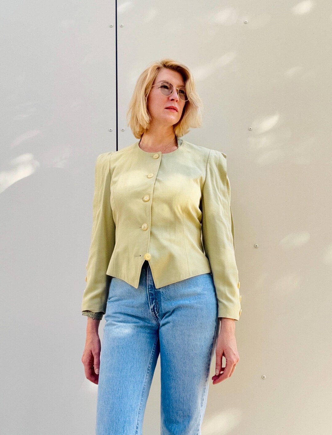 Vintage 80s Wool Blazer: Pistachio Green, Puff Sleeve Crop Jacket - Etsy