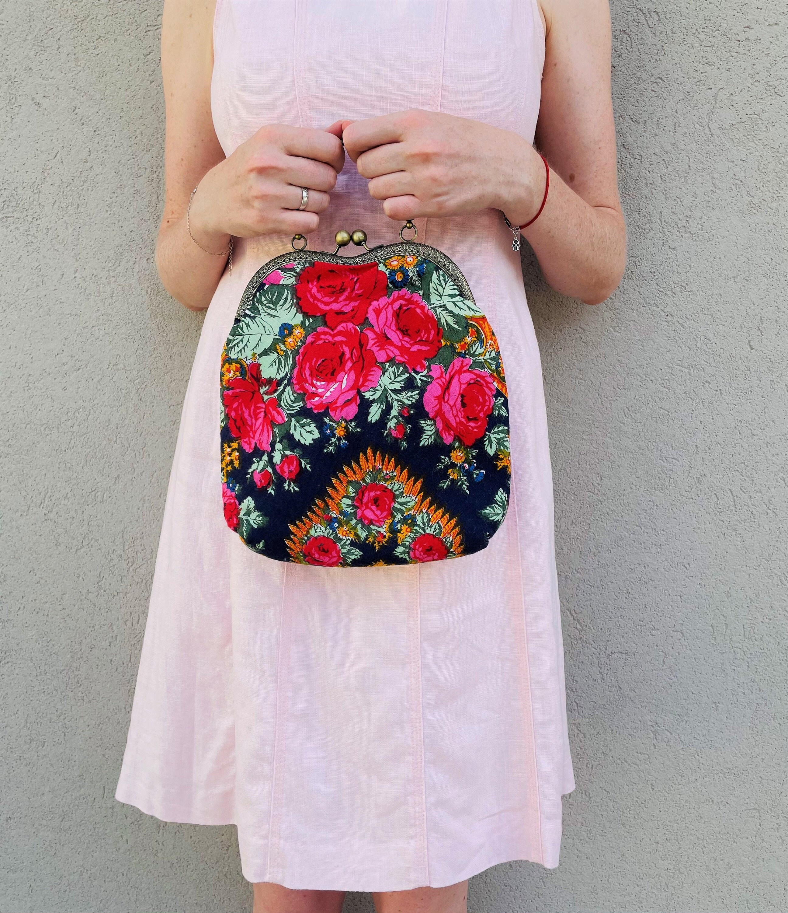 Floral Vintage Bag/ Red Roses Hand Bag/boho Handbag Top Handle/retro ...