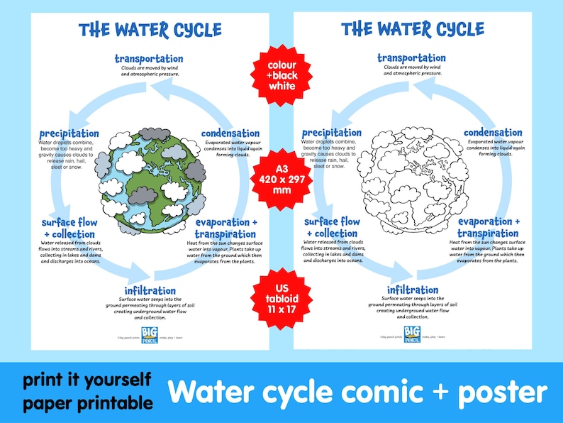 WATER CYCLE COMIC - Printable Paper Comic + Poster. Make It Yourself ...