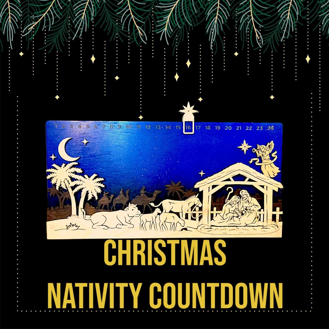 Wooden Nativity Christmas Countdown With Painted Background Stand ...