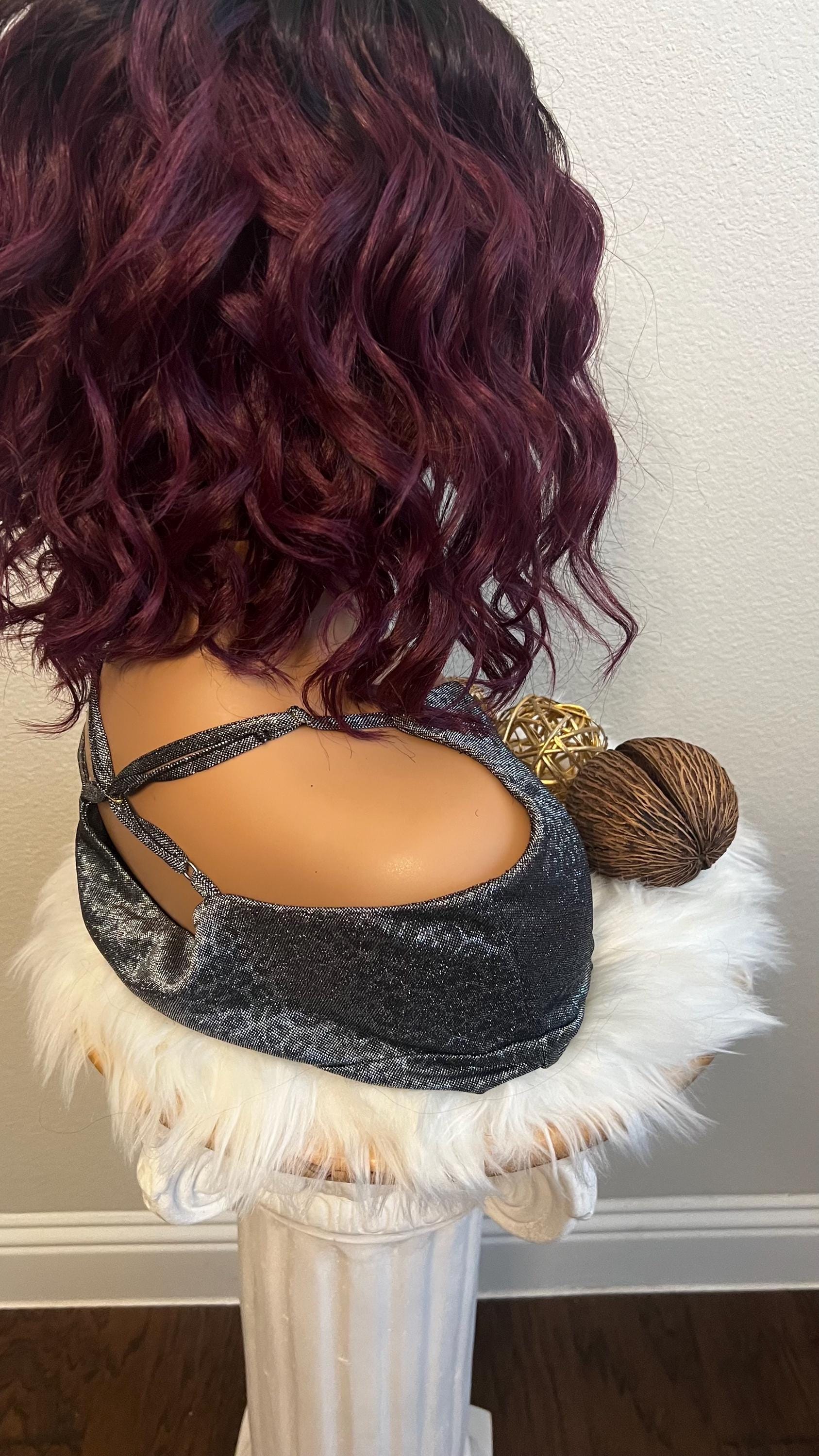 Limited Edition Glammy Wig - Plum Color Lace Front. Dark Roots. Angled Bob Beautiful Curls ...
