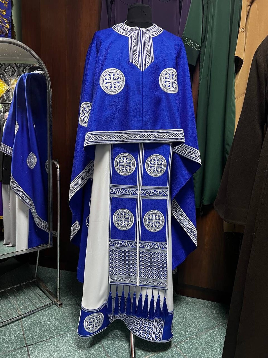 Embroidered Blue Vestment Priest - Brocade Fabric - Orthodox Greek ...