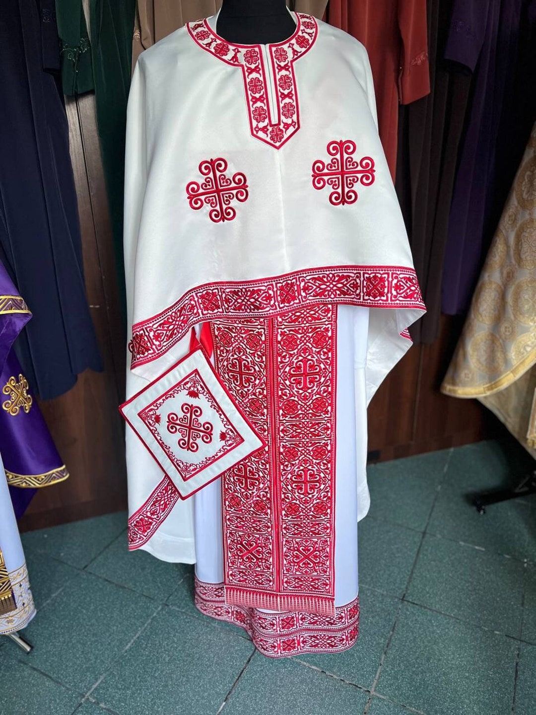 Embroidered White With Red Orthodox Vestment - ATLAS Fabric - Priests ...