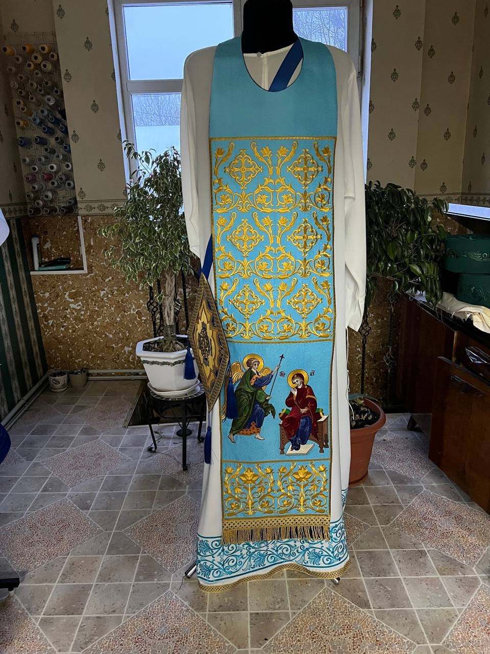 Blue Vestment Priest With Chalice Covers Orthodox Greek Style Vestment ...