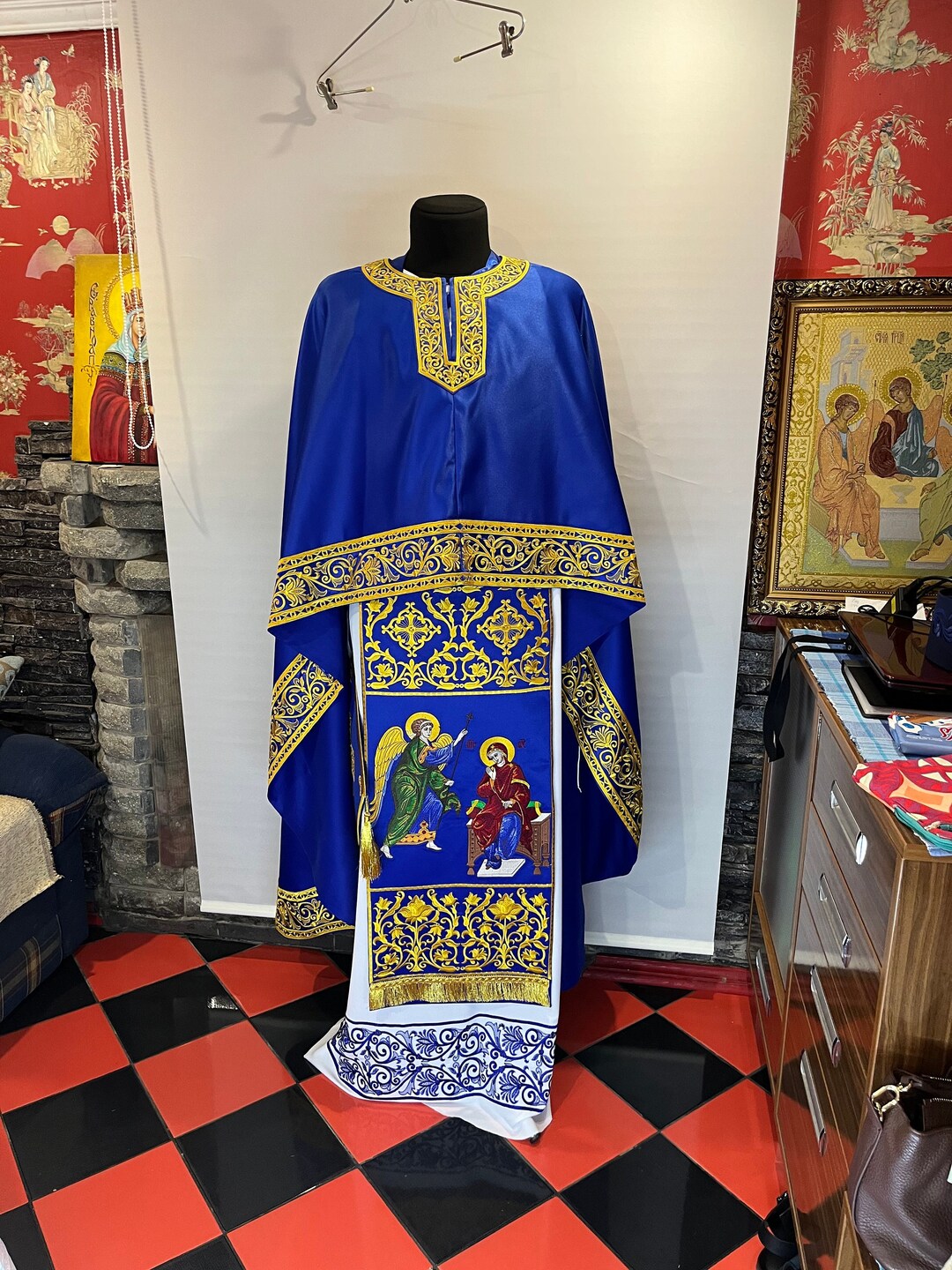 Embroidered Blue Priest Vestment With Chalice Covers – Orthodox Greek ...