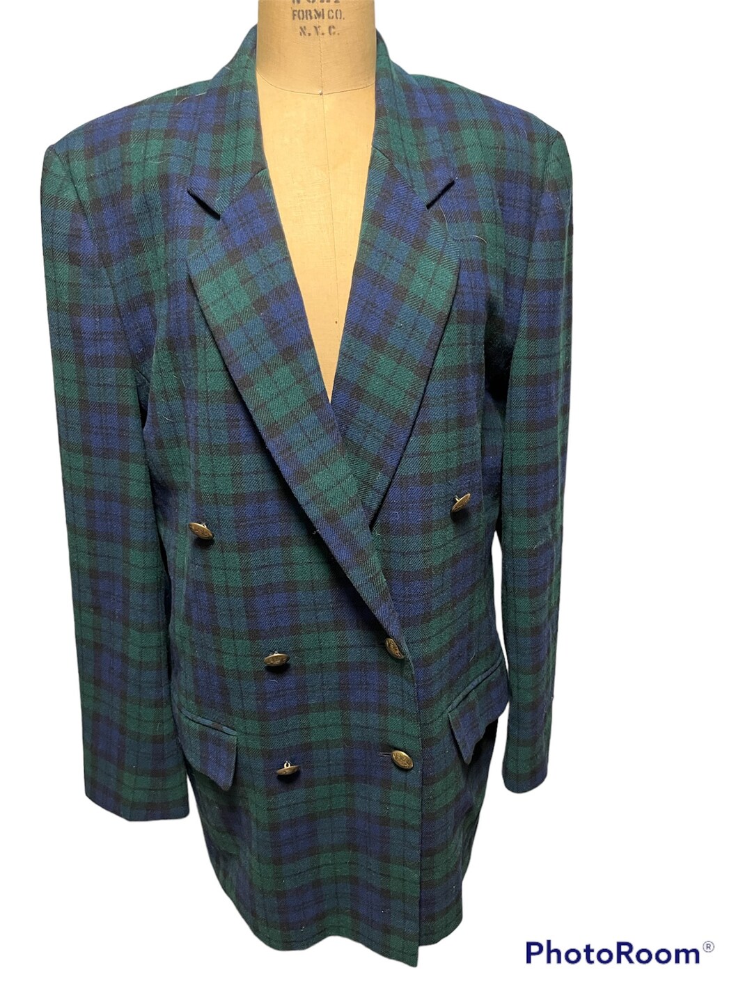 Vintage Pendleton 80’s Double Breasted Green and Blue Tartan Plaid Wool Blazer Jacket Brass ...