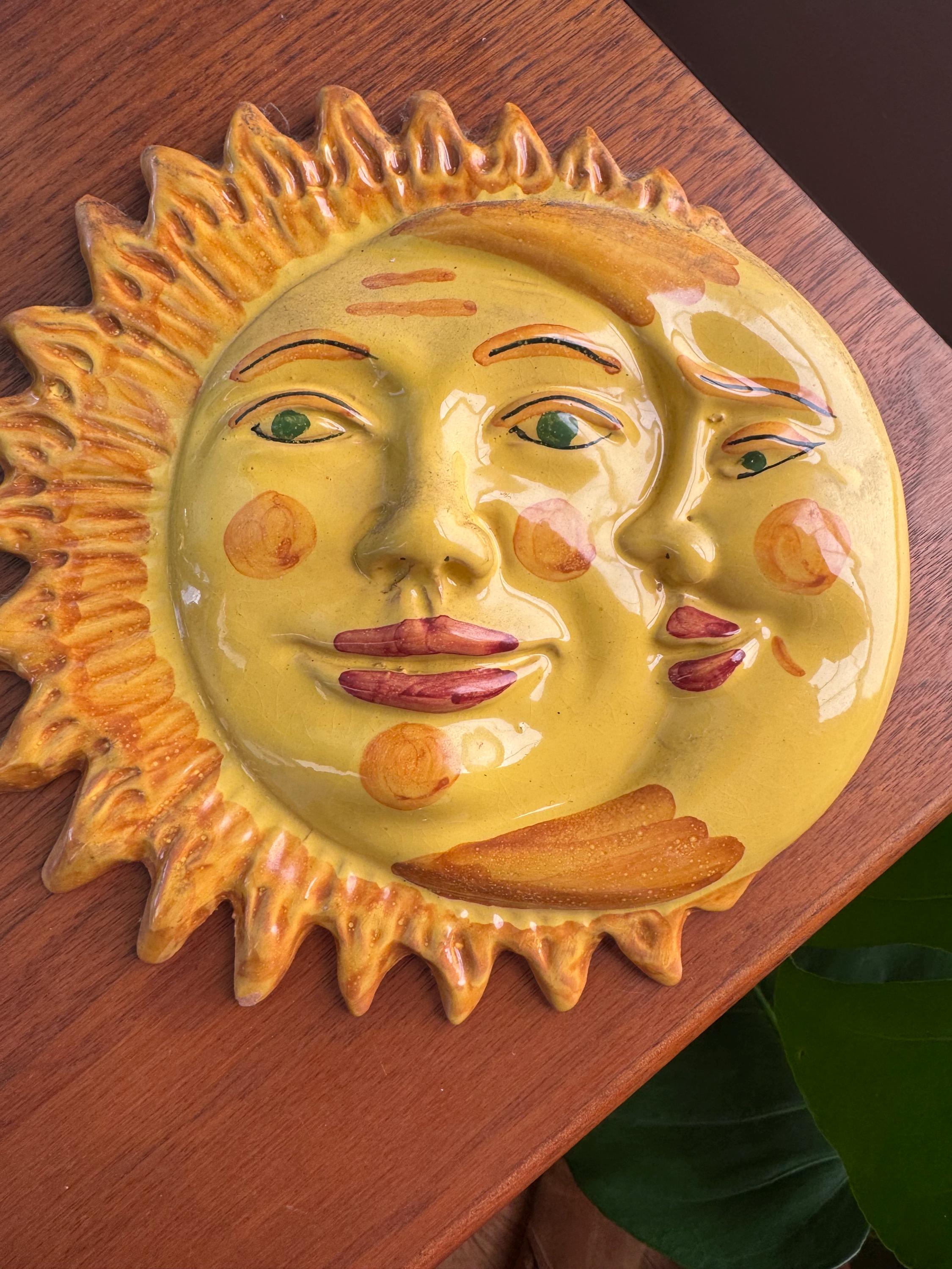 Vintage 90s Hand Painted Terra Cotta Romantic Sun and Moon Wall Art ...