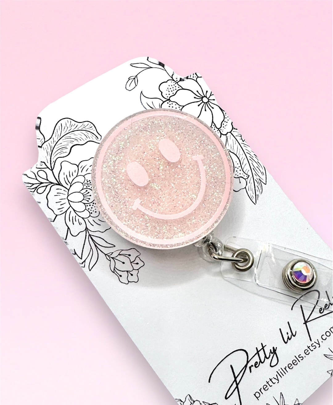 Pink Happy Face Badge Reel | Cute Badge Reel, Retractable Badge Reel - Etsy