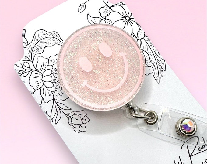 Pink Happy Face Badge Reel | Cute Badge Reel, Retractable Badge Reel - Etsy